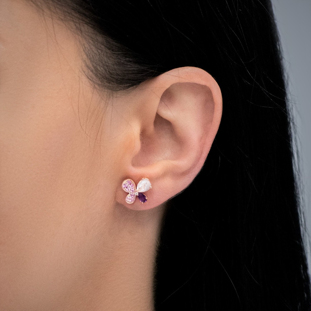 Cercei din aur roz de 18K cu Diamante, Safire, Ametiste și Cuarț roz ...
